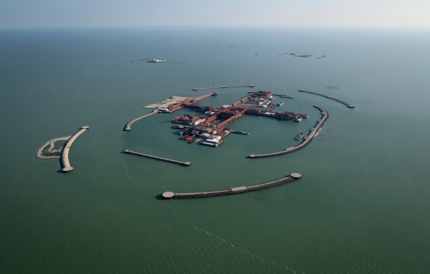 An aerial view shows the artificial islands at the Kashagan offshore ...