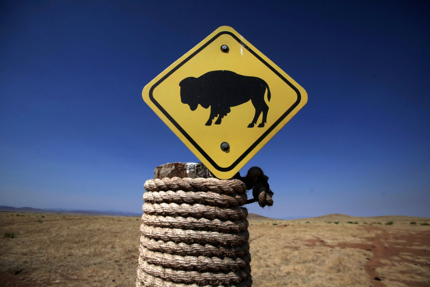 A post with a sign showing a bison stands in the grasslands of the ...