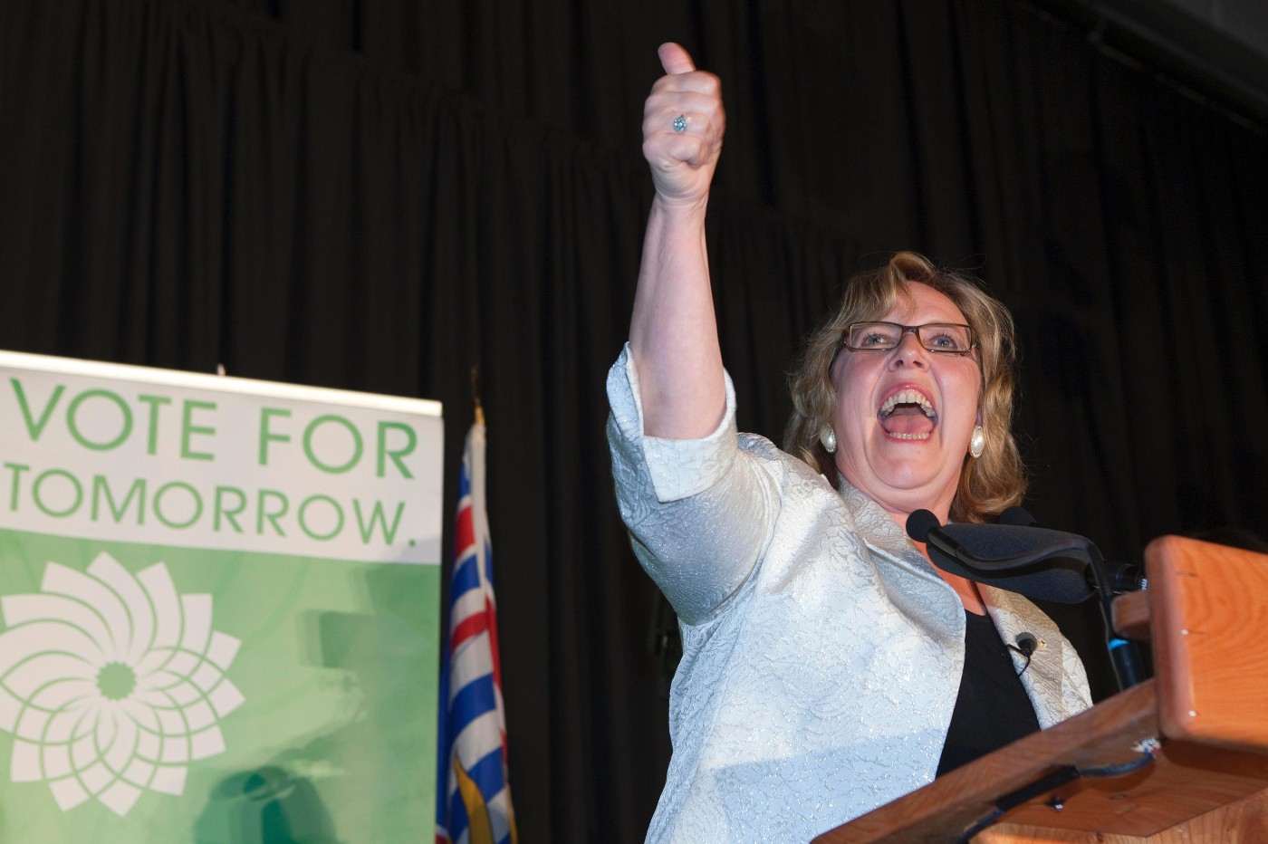 May celebrates winning her riding of Saanich-Gulf Islands at her ...