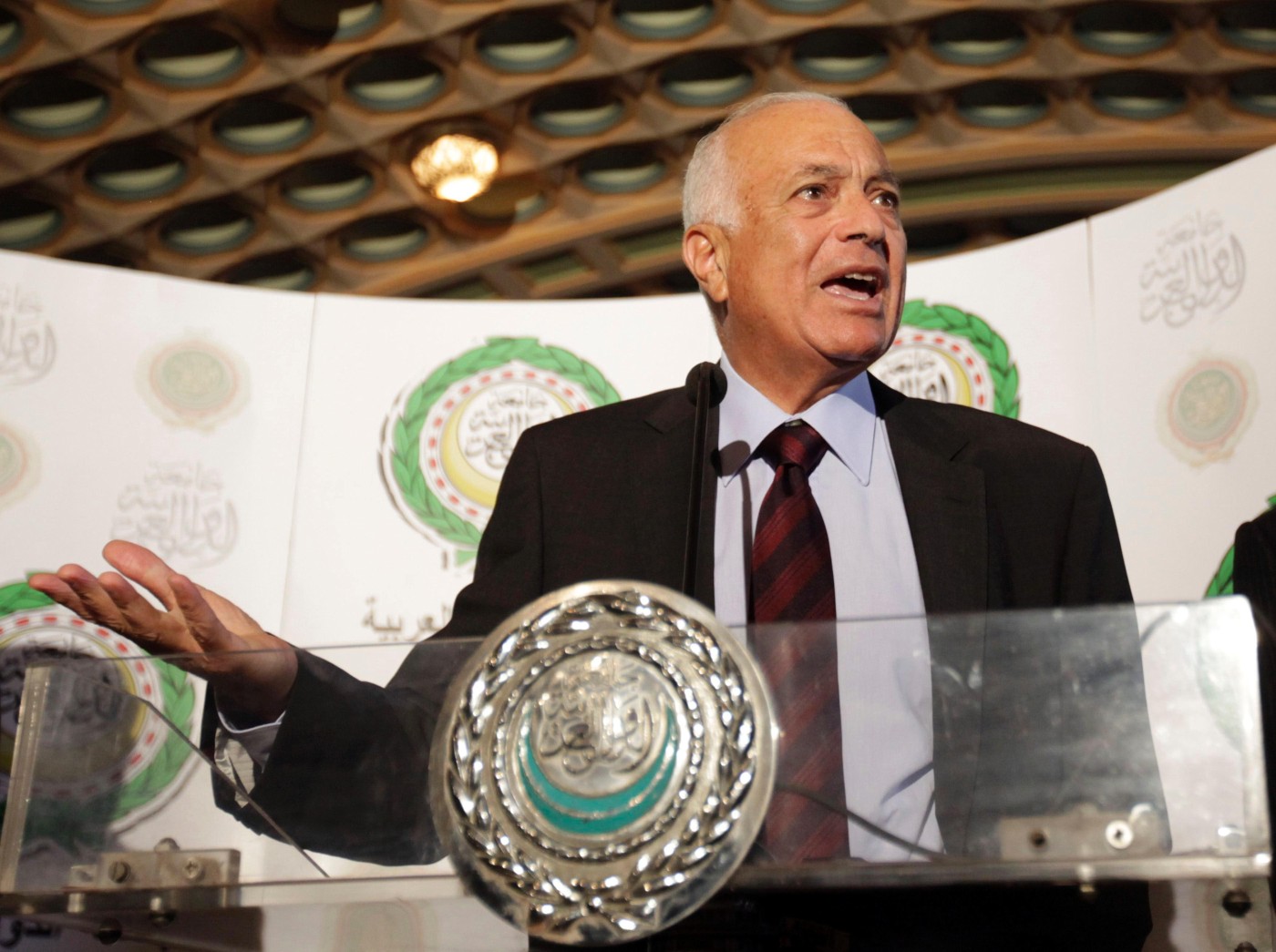 Secretary-General of the Arab League Nabil Elaraby speaks during a news ...