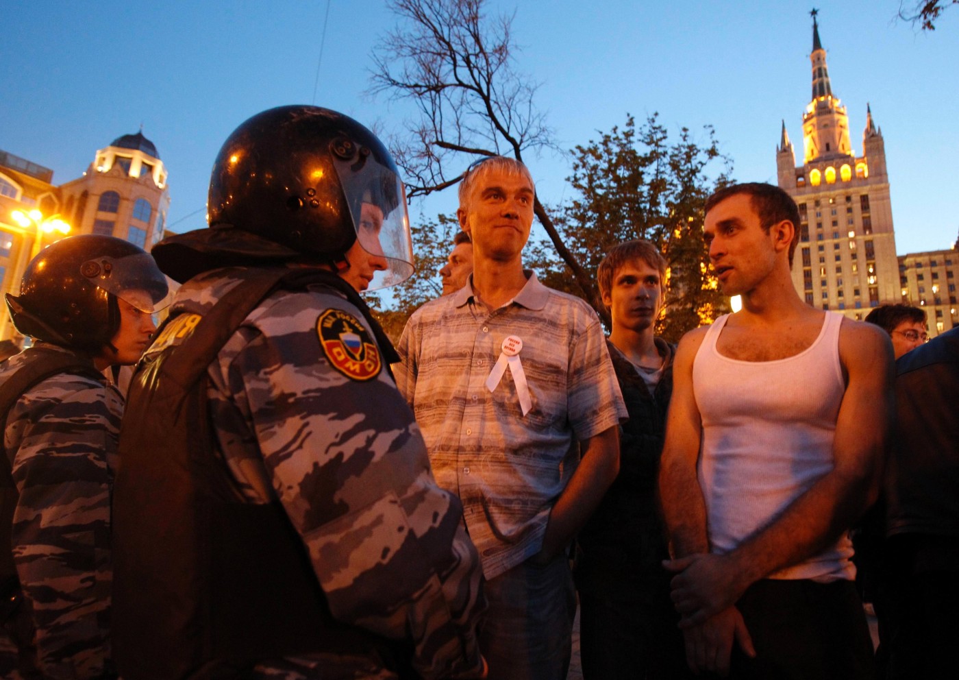 Russian riot police (OMON) officers stand guard at a protest camp in ...