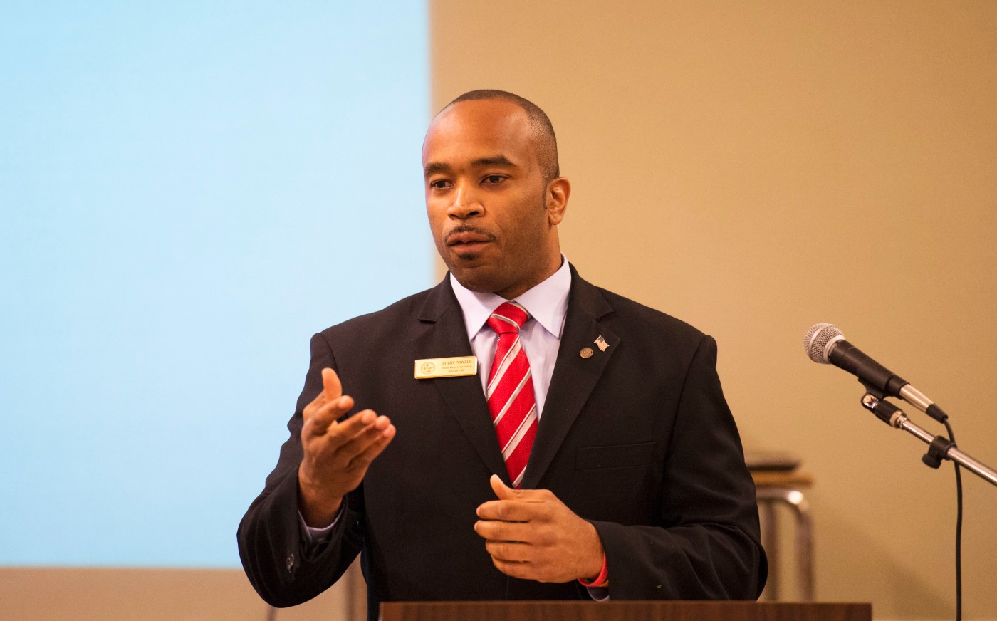 Bobby Powell Jr. speaks during an informational and enrolment town hall ...